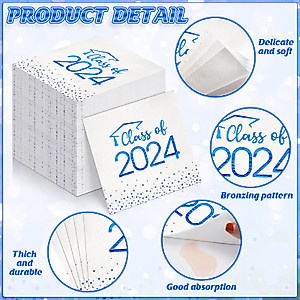 100Pcs Class of 2024 Graduation Napkins, Disposable Congrats Grad Paper Cocktail Napkins Square Foil Dot Hand Towels for 2024 School University College Graduation Party Decorations（Blue）