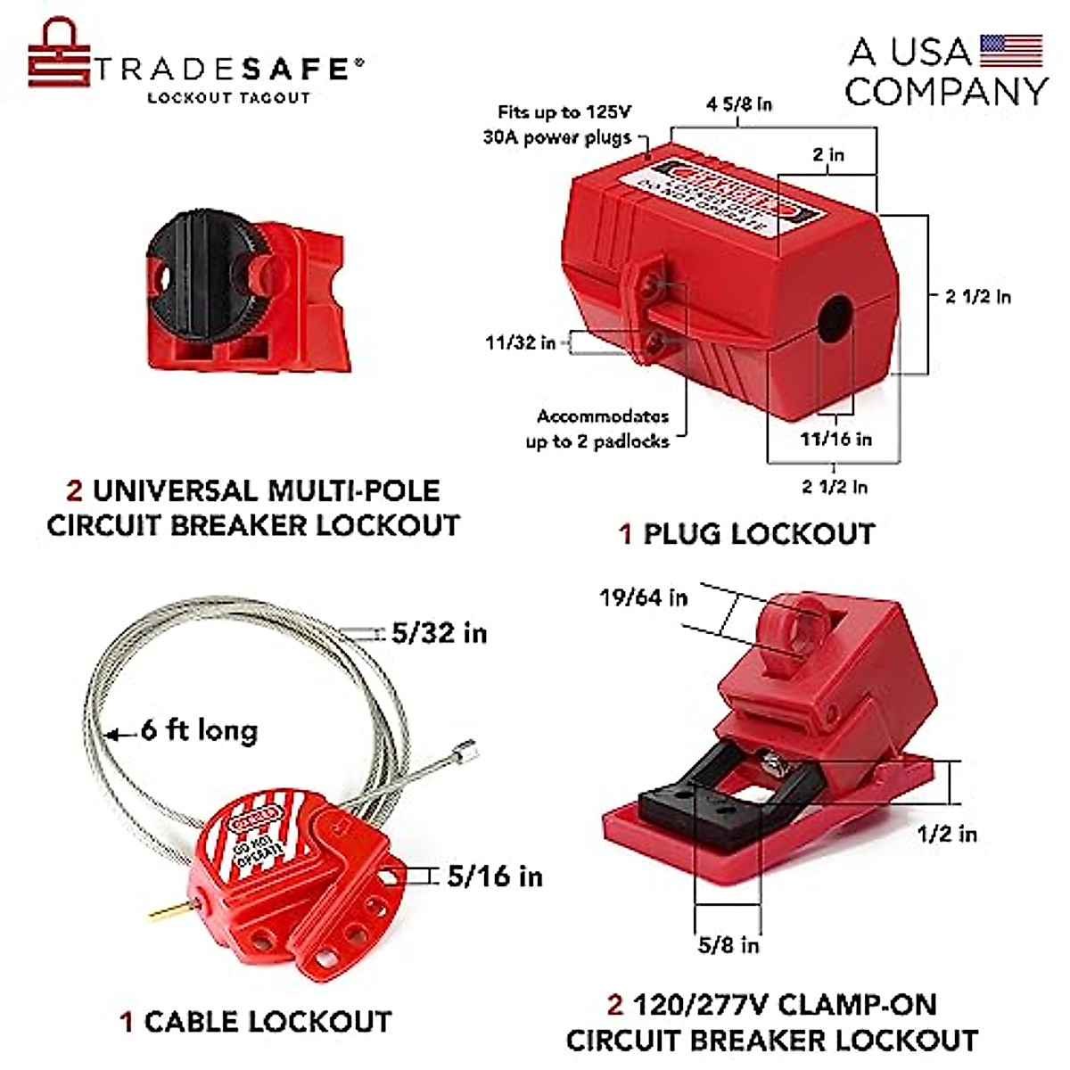 TRADESAFE Professional Lockout Tagout Kit - Loto Locks, Gate Valve Lock, Ball Valve Lockout, Circuit Breaker Locks, Hasps, Plug Lock, Cable Lockout, Tag Out Tags and Ties Set (1 Key Per Lock) Red