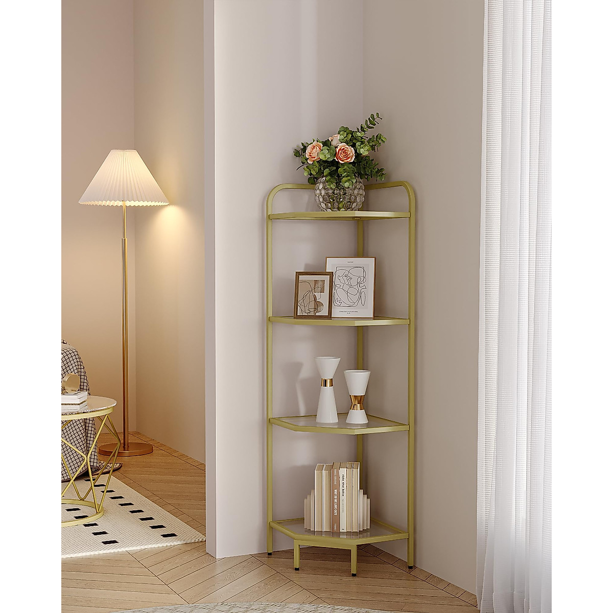 Hzuaneri Corner Shelf Stand, Glass Bookshelf Bookcase, Bathroom Organizer, Plant Stand, Steel Frame, Tempered Glass, Modern Style for Living Room, Bathroom, Kitchen, 4-Tier Golden CS90400G