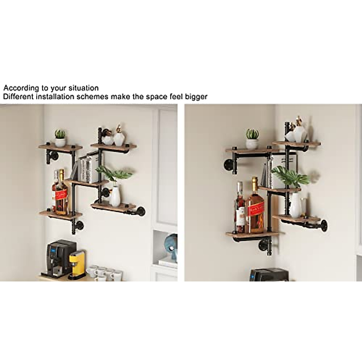 MAIKAILUN Industrial Floating Pipe Wall Mounted Shelves Rustic Modern Wood Shelving Bookcase 5 Layer Ladder Hanging Bookshelf for Home Bathroom Office Kitchen Decor(E)