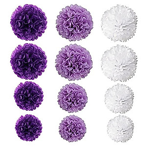 Wartoon Tissue Paper Pom Poms Flowers for Wedding Birthday Party Baby Shower Decoration, 12 Pieces (Purple, Lavender and White)