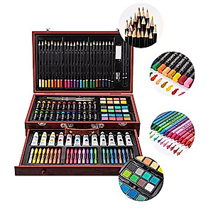 Art Supplies, 129-Piece Deluxe Wooden Art Set Crafts Kit with 2 Sketch Pads, Canvas Boards, Oil Pastels, Colored Pencils, Watercolor Cakes, Creative Gift for Kids, Teens, Beginners Girls Boys