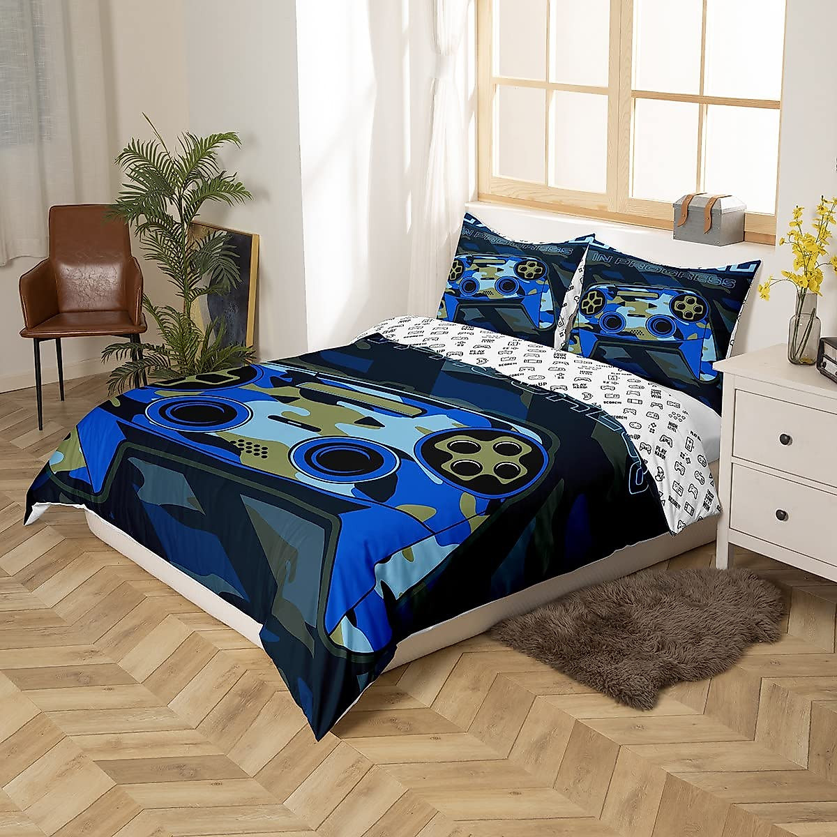 Feelyou Games Comforter Cover Twin Size,Gamepad Bedding Set for Boys,Kids Video Games Duvet Cover Set Modern Gamer Console Action Buttons Quilt Cover Teens Bedroom Decor Camo Navy Blue 2 Pcs