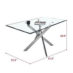 Yoluckea Modern Rectangular Glass Table Tempered Glass Dining Table with Stainless Steel Base Clear Beveled Edges Glass Kitchen Table for Home Kitchen Dining Room 51.20"W x 31.50"D x 29.50"H Silver