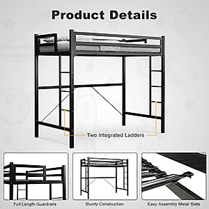 AOVSA Metal Loft Bed Twin Size with 2 Ladders, Junior Metal Twin Over Loft Bunk Bed with Safety Guard for Adults Teens/Space-Saving/Noise Free/No Box Spring Needed - Black