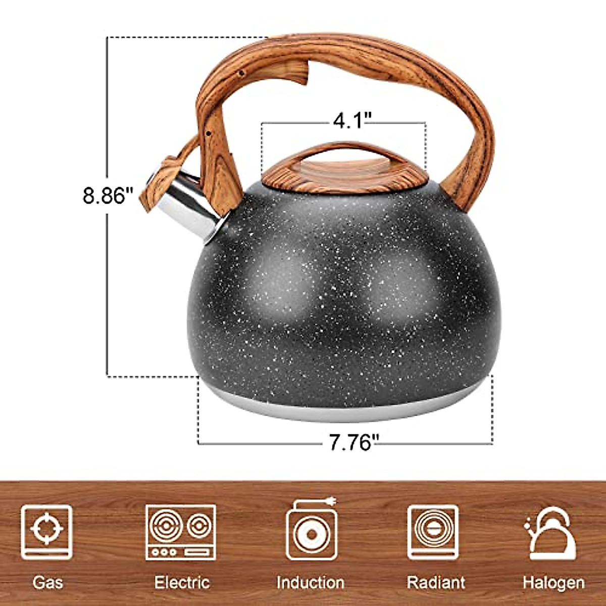 Foedo Tea Kettle, 2.7 Quart Whistling Tea Kettle Stovetop, Tea Pots for Stove Top Food Grade Stainless Steel with Wood Pattern Handle, Grey Teapot