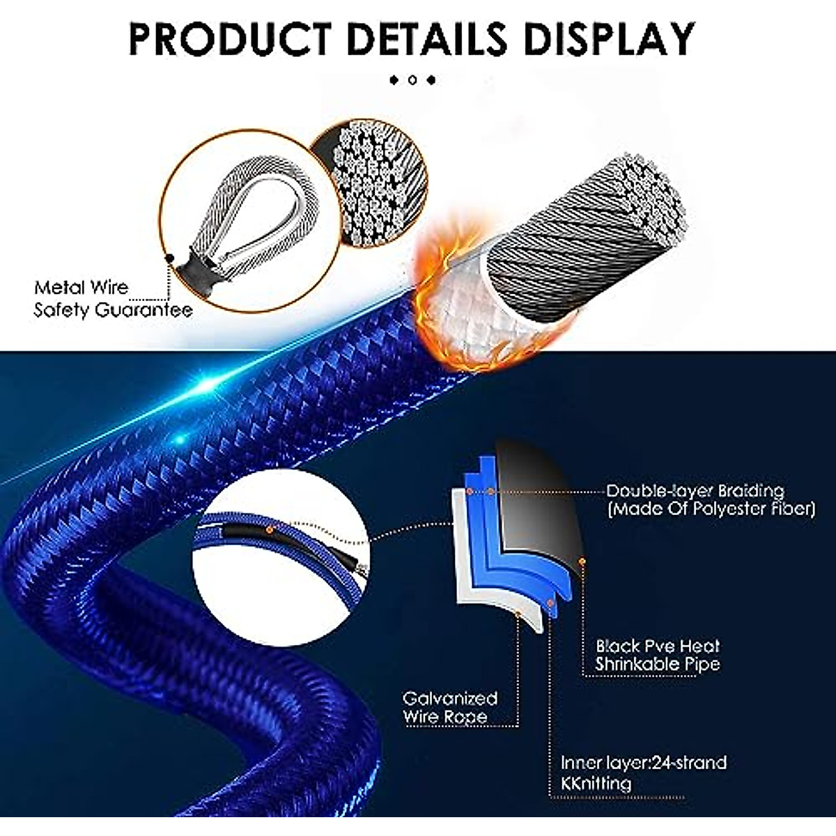 Arborist Flipline for Climbing Tree, 1/2'' x 8 ft Steel Wire Core Tree Lanyard Flipline Kit W/Lock Carabineer, Rope Grabber, Steel Swivel Snap Hook - Heavy Duty, Low Stretch, Cut Resistant