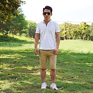 Masbono Sports Suit Men's Pure Cotton Short-sleeved Lapel Polo Shirt & Summer Casual Solid Color Fifth Pants Two-piece Set (White&Brown&Khaki, Large)