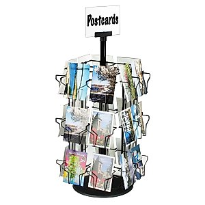 Post Card Display Stand With 24 Pockets For Countertop Use, 28-1/4 Inches Tall, Black Rotating Wire Rack With Molded Plastic Base And Sign Clip