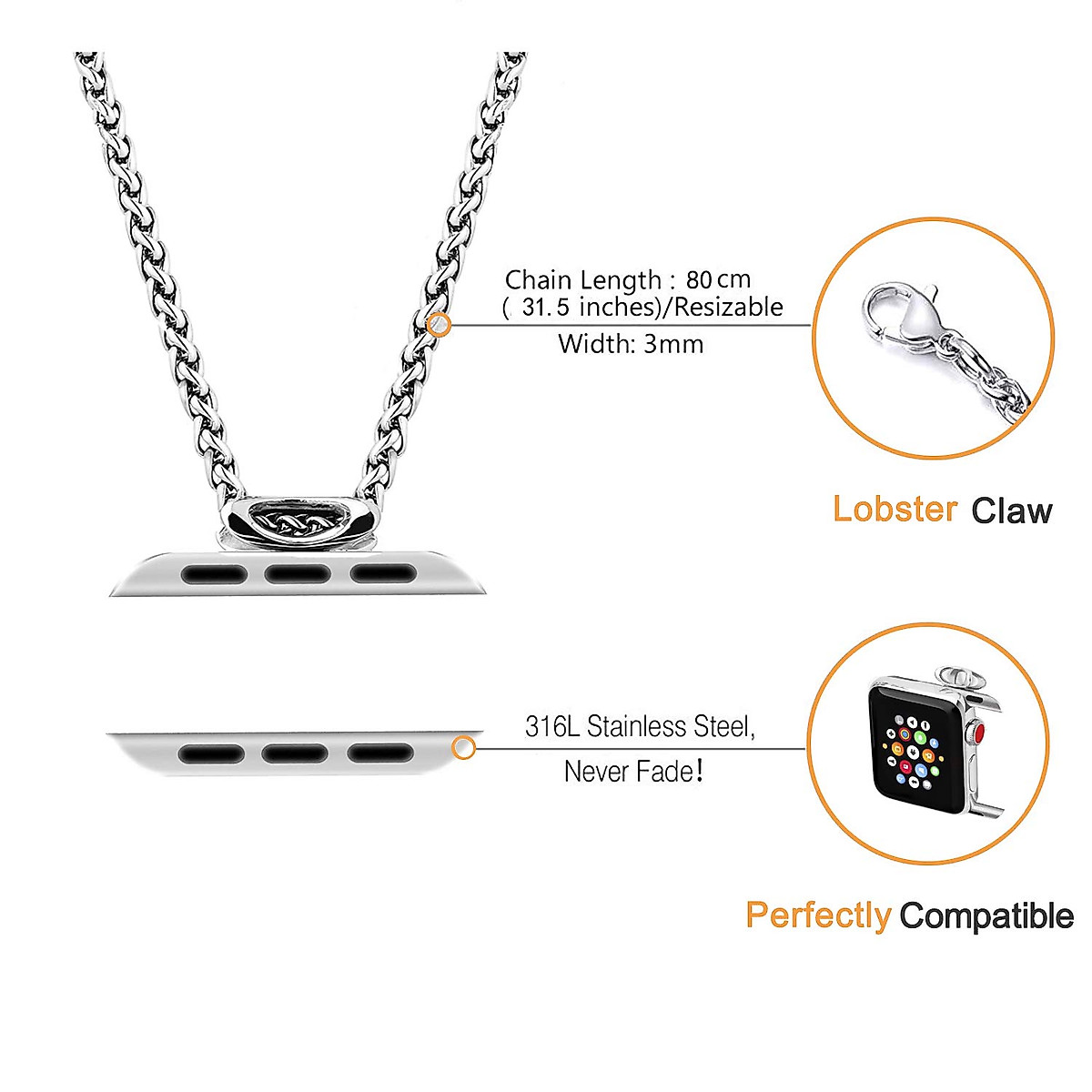 HiPai Necklace Adapter Pendant Compatible with Apple Watch, Infinity & Double Loop Connector Comes with 32inch Stainless Rollo Wheat Chain 3mm for iWatch Series 9/8/7/6/5/4/SE/Ultra 2/Ultra