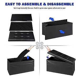 SUPER DEAL Leather Storage Ottoman Bench 30 Inches Folding Footrest with Padded Seat Large Toy Sotrage Chest Long Box for Livingroom Bedroom Entryway, 30"x15"x15", Black