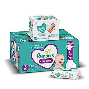 Diapers Size 3, 174 Count and Baby Wipes - Pampers Cruisers Disposable Baby Diapers and Water Baby Wipes Sensitive Pop-Top Packs, 336 Count (Packaging May Vary)