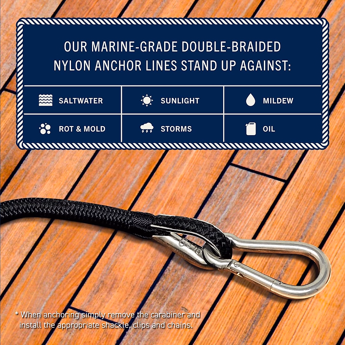 Rainier Supply Co. Boat Anchor Line - 50 ft x 3/8 inch Anchor Rope - Double Braided Nylon Anchor Boat Rope with 316SS Thimble and Heavy Duty Marine Grade Snap Hook - Black