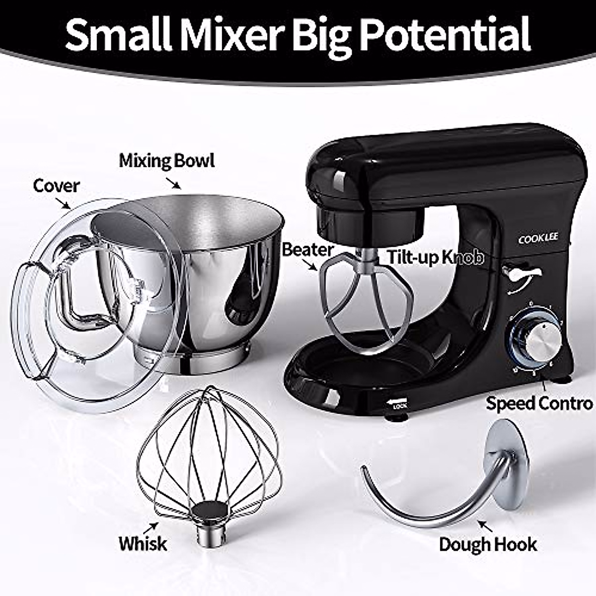 All-Metal COOKLEE Stand Mixer,6.5Qt Kitchen Electric Mixer with Dishwasher-Safe Dough Hooks, Flat Beaters, Whisk & Pouring Shield Attachments for Most Home Cooks, Bright Black