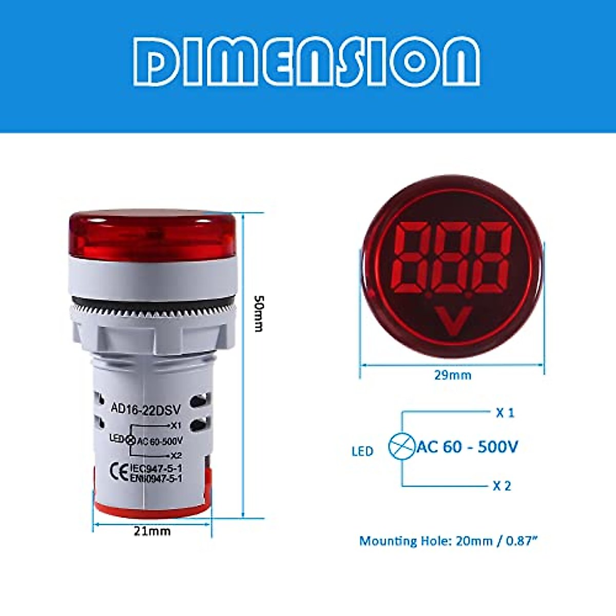 AEDIKO 5pcs LED Voltage Meter Indicator AC 60-500V LED Voltmeter Signal Light Digital Display DC Voltage Meter Indicator Round Lamp Tester