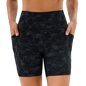 AFITNE Yoga Shorts for Women with Pockets High Waisted Printed Workout Athletic Running Shorts Biker Spandex Gym Fitness Tights Leggings Black Camo - XS