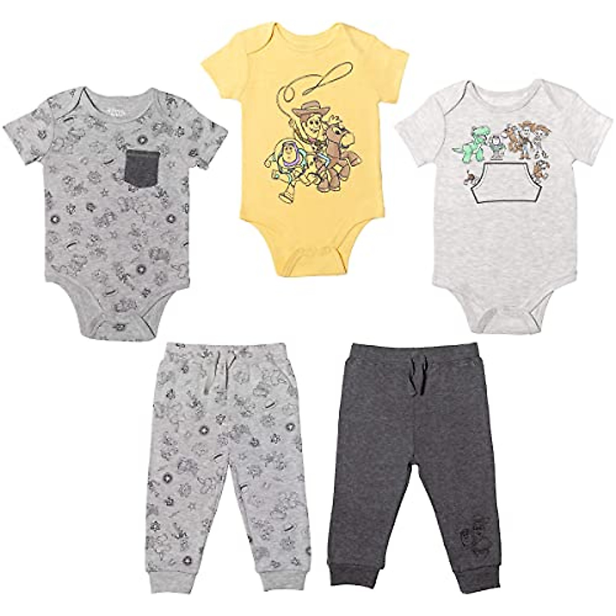Disney Pixar Toy Story Baby Boys 5 Piece Bodysuit Pants Set Yellow/Grey/Oatmeal 24 Months
