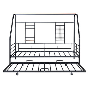 RUNNA Metal House Bed with Trundle, Built-in Shelf and Grid, Heavy Duty Metal Day Bed with Guardrail for Kids Boys Girls (Black, Twin)