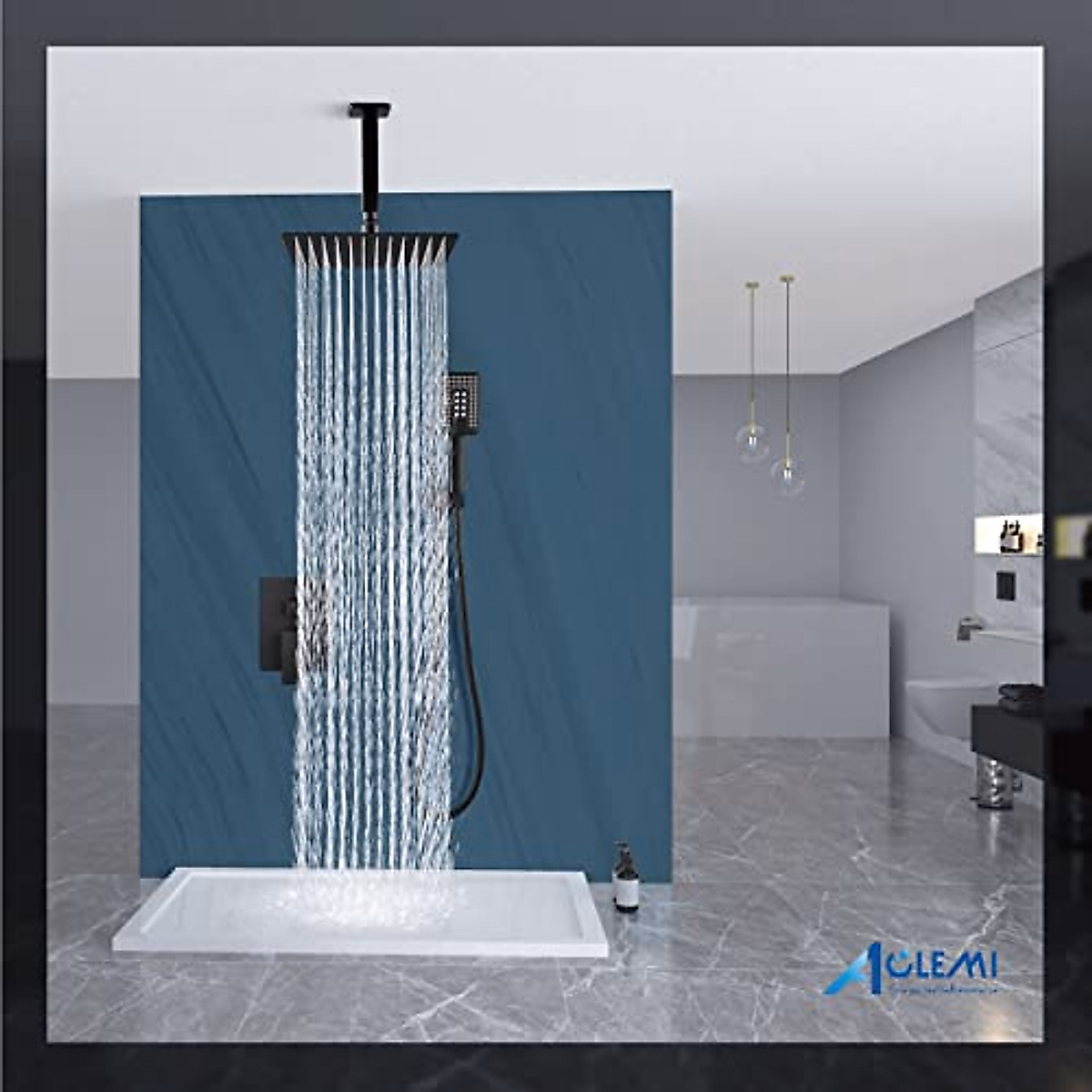 Aolemi Matte Black Shower System Ceiling Mount 12 Inch Rain Shower Head with 3 Functions ABS Handheld Spray Luxury High Pressure Shower Combo Set Rough-in Valve and Shower Trim Included Bathroom