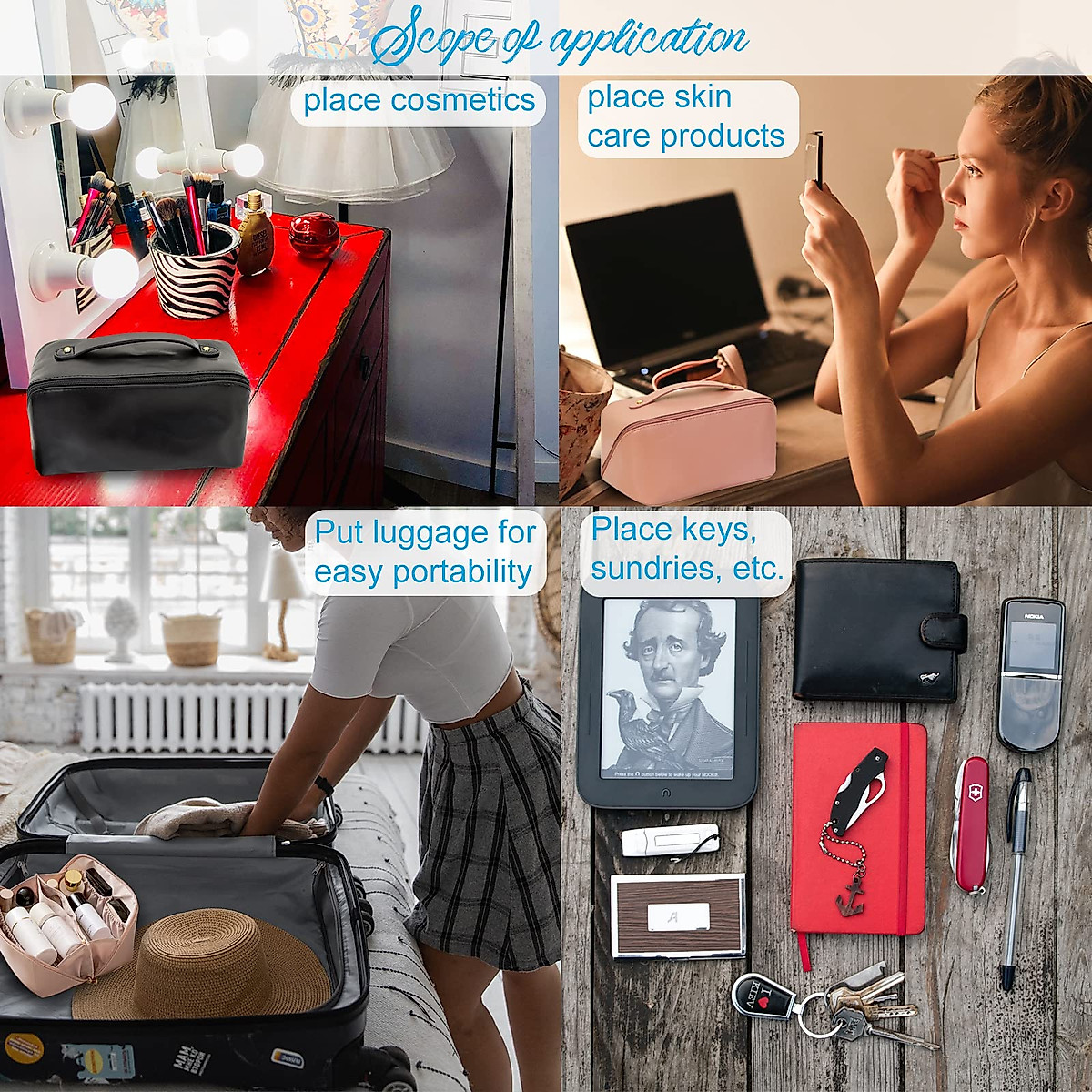 S-SNAIL-OO Upgrade Large-capacity Travel Cosmetic Bag, Women Pu Leather Waterproof Portable Cosmetic Bag with Handle, Storage Bag for Place Skin Care Products, Jewelry, Sundries. (White)