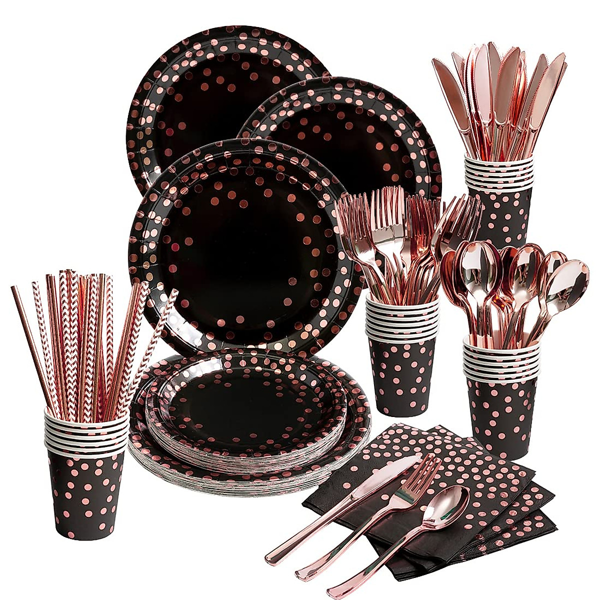 HOMIX Black and Rose Gold Party Supplies - Rose Gold Dot on Black Paper Plates Napkins Straws and Cups Silverwares Serves 25 for Wedding Bridal Shower Birthday Bachelorette Party Decorations