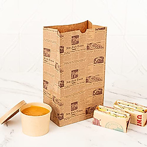 Restaurantware Bag Tek 12 Lb Disposable Lunch Bags 100 Sturdy Take Out Bags - Flat Bottom Microwavable Kraft Newsprint Design Paper Bags Freezable Great For Restaurants Cafes And Bakeries