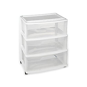 Homz Plastic 3 Clear Drawer Compact Home Rolling Storage Container Tower for Small to Medium Sized Items, White Frame (2 Pack)
