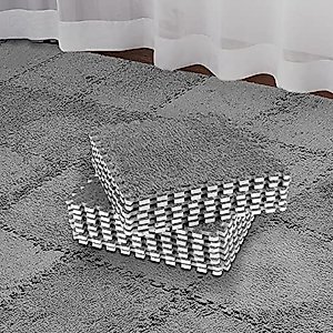 15 Pcs Plush Foam Floor Mat Square Interlocking Fluffy Tiles with Border Play Mat Flooring Tiles Soft Climbing Area Rugs for Home Playroom Decoration