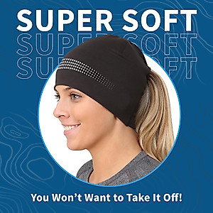 TrailHeads Ponytail Hat - Adrenaline Series | Women’s Running Beanie with Reflective Accents | Black Skull Cap - Black/Reflective