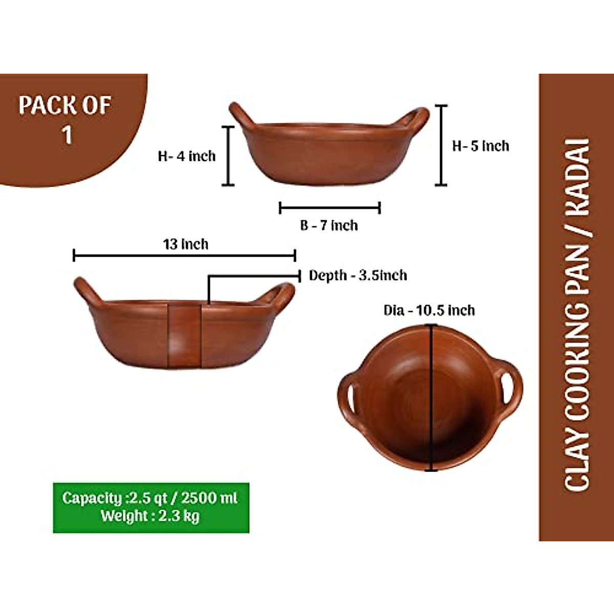 Village Decor earthen clay cooking pot (Capacity : 2.5 Ltr / 2500 ML PAN)