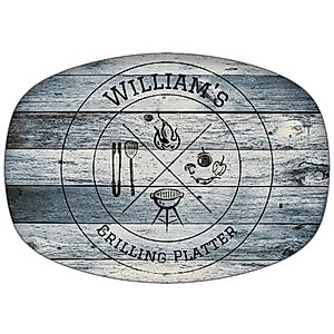 Just So Posh Personalized Faux Wood Grain Plastic Platter - BBQ - Bluewash Wood