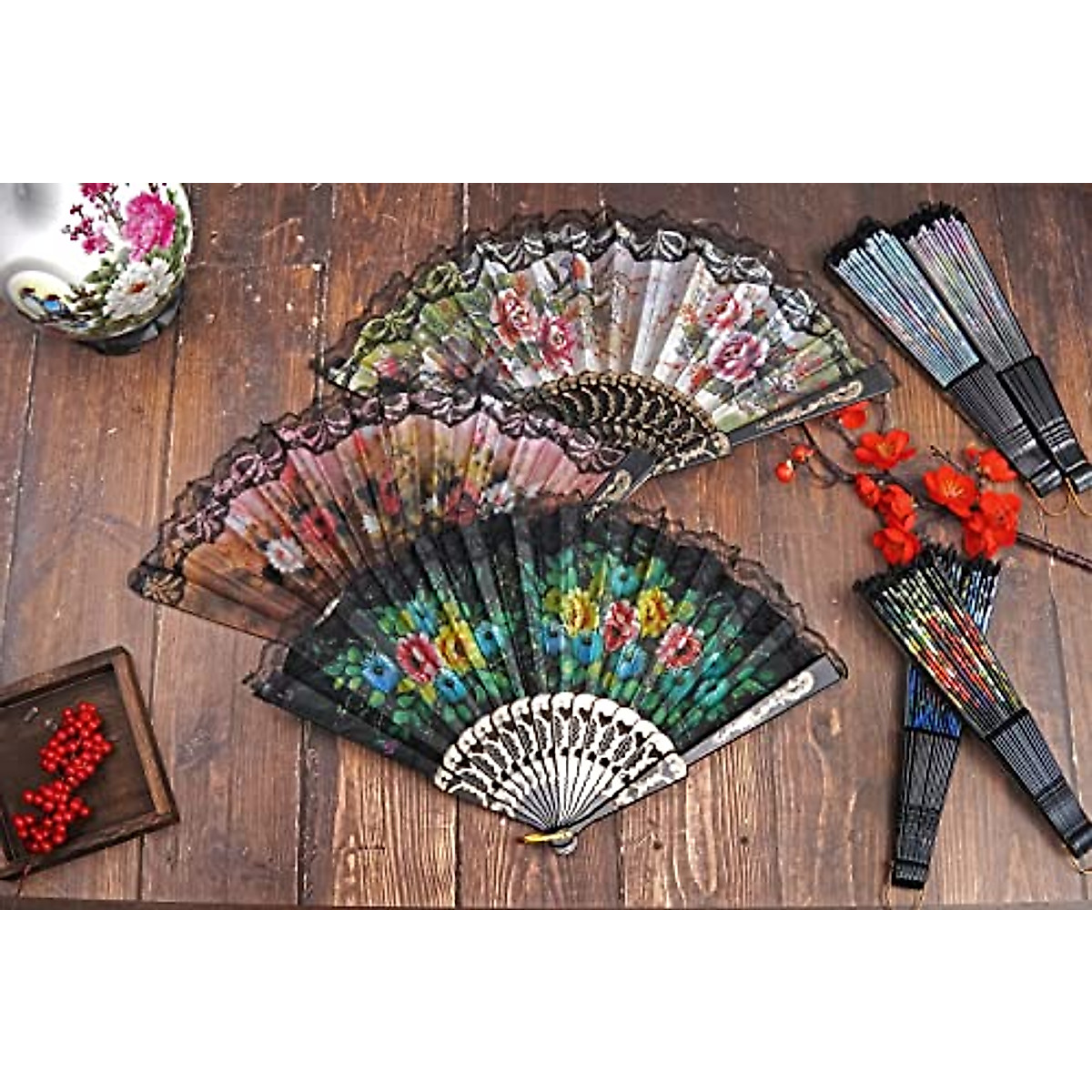 HUNANBANG 1 Dozen 12 Pieces Folding Hand Fans Church Wedding Gift, Party Favors, DIY Decoration Gift Size9 Wholesale 12pack (Flower)