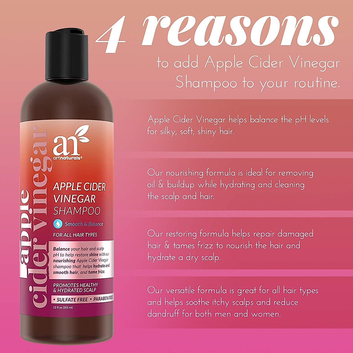 Artnaturals Apple Cider Vinegar Shampoo – (12 Fl Oz / 355ml) – for All Hair Types - Plant Base Blend - Coconut Oil and Vitamin E for Split Ends, Shine, Stronger and Smoother