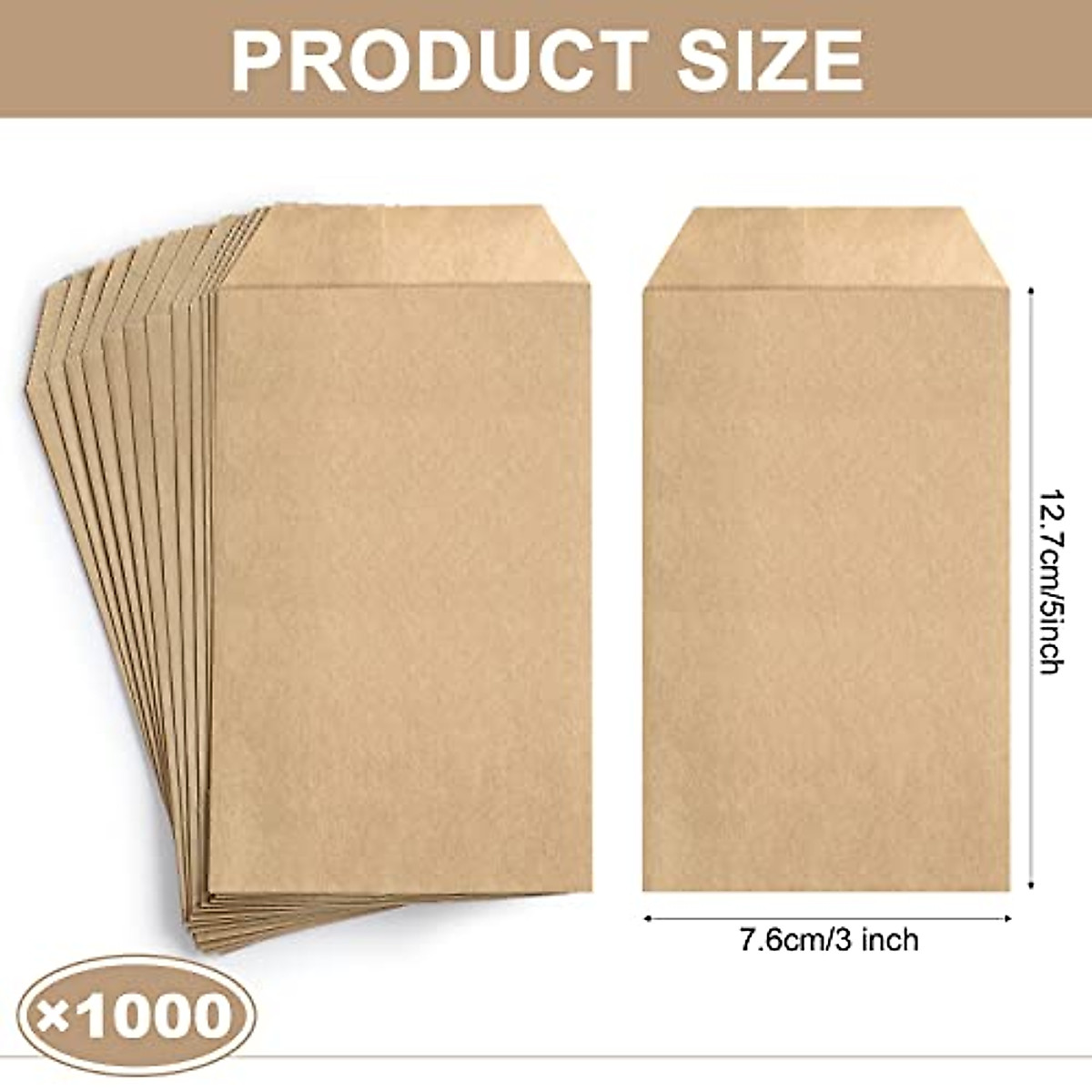 1000 Pack 3 x 5 Inches Kraft Paper Bags Mini Paper Bags Natural Brown Treat Bags Small Flat Favor Bag Silverware Bags Party Favor Bag Envelopes Merchandise Bags for Cookie Snacks Candy Small Gift