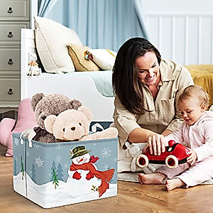 Clastyle Christmas Snowman Storage Bin Christmas Gift Wrap Ornament Storage Basket Blue Collapsible Christmas Snowflake Shelf Basket Rectangular Nursery Gift Basket for Toys,15.7 x11.8 x11.8 in