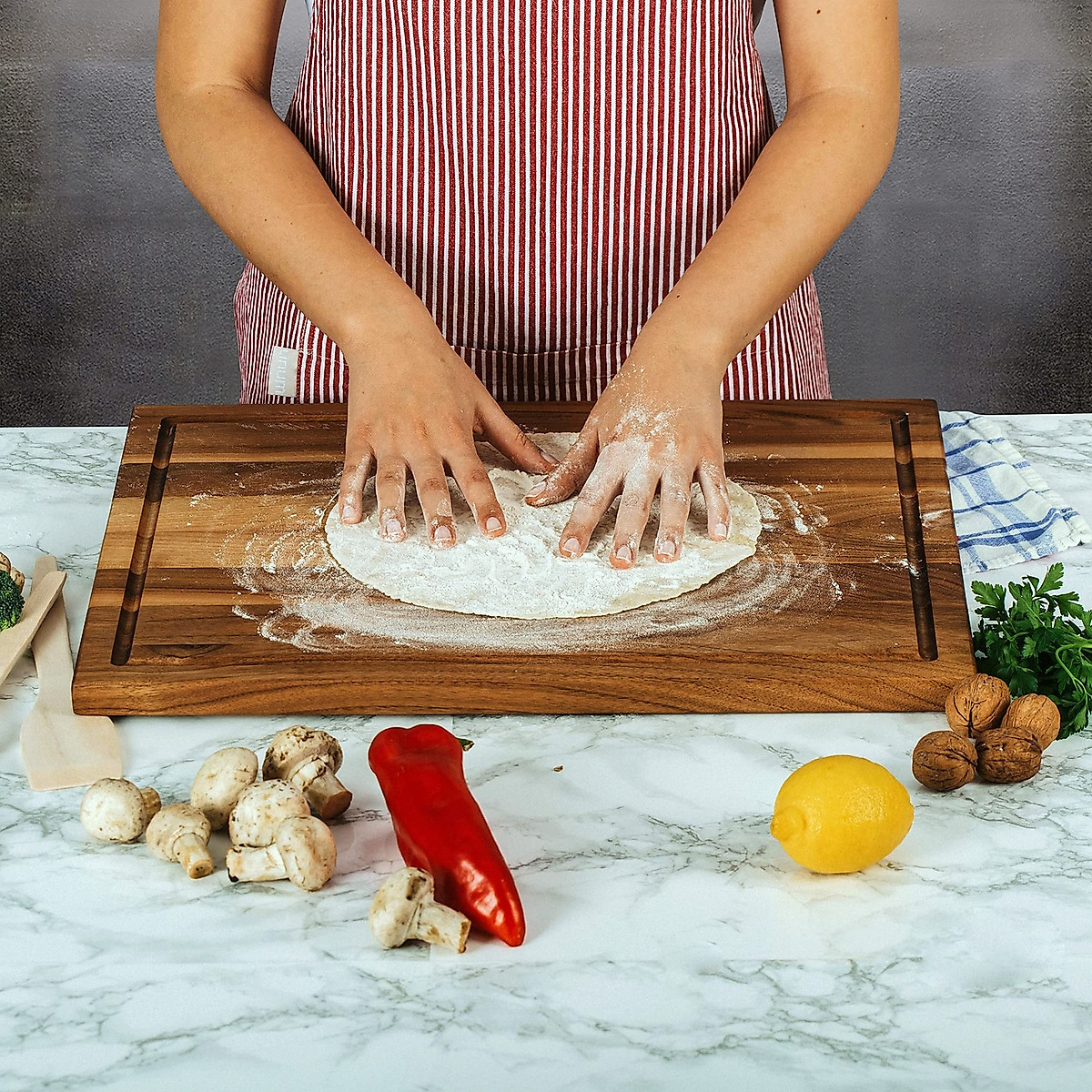 TeakCraft Large Walnut Cutting Board with Juice Grove, Chopping Board for Meat, Knife Friendly, Reversible, The Petra (20x15x1inch)
