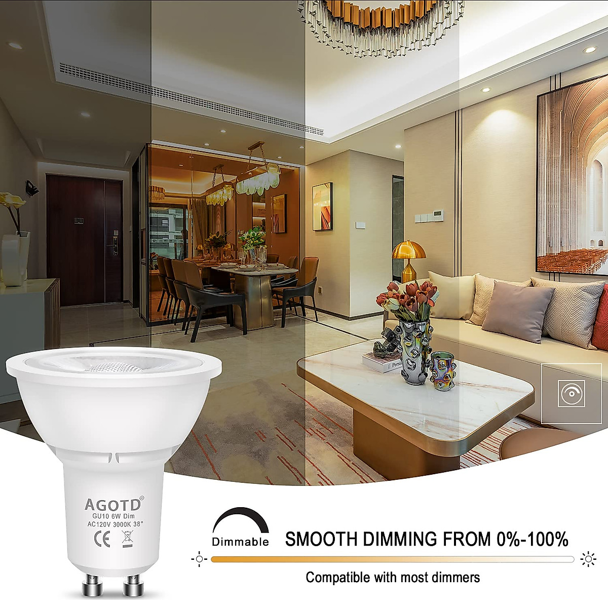 AGOTD GU10 6W Dimmable LED Light Bulbs,50W 60W Halogen Bulb Equivalent, 120 Volt, Soft White 3000K 500lm Recessed Lighting, 38° Beam Angle Spotlight, 6 Pack