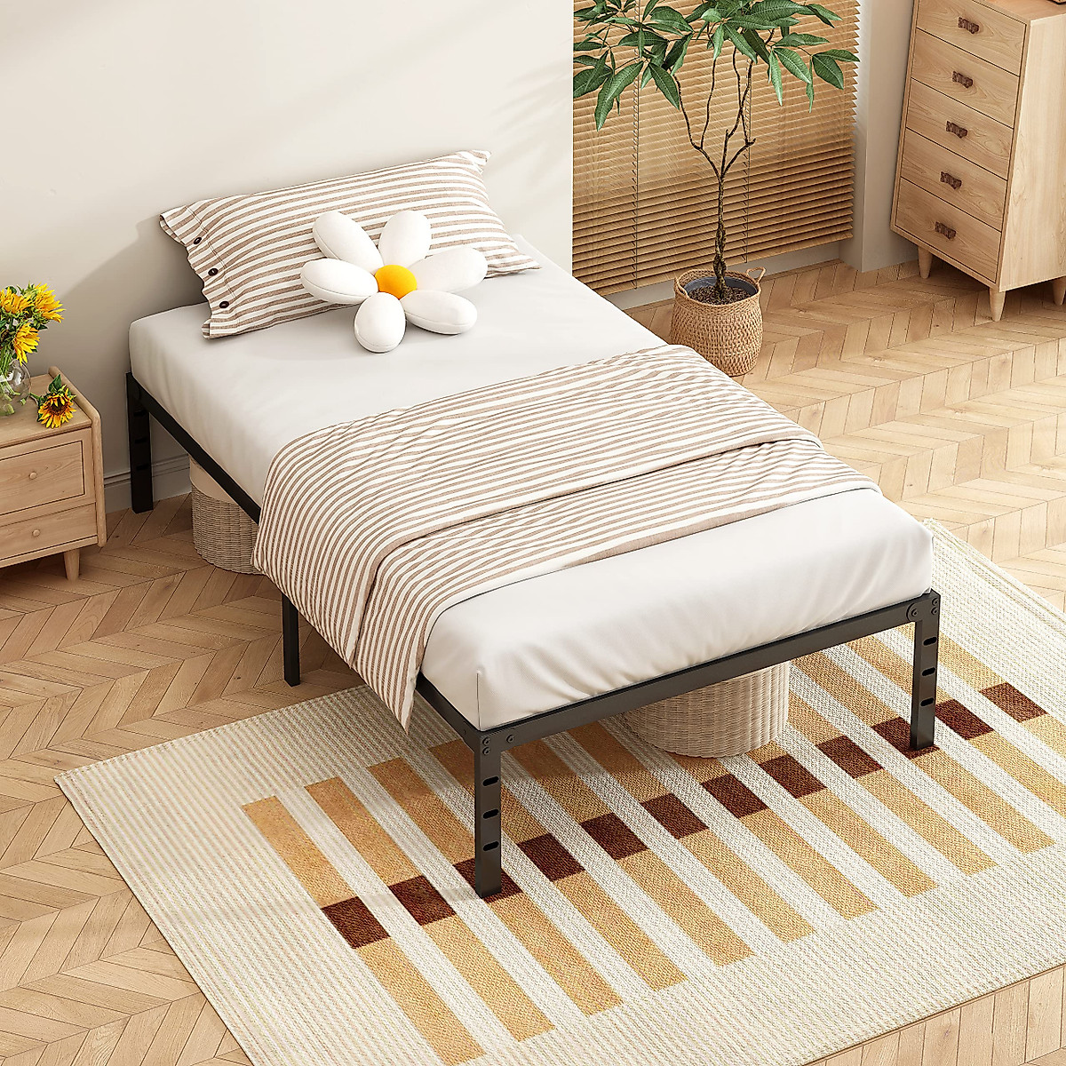 KUJIELAN Black Thickened and Reinforced Metal Bed Frame - Structurally Stable 14 Inch Steel Bar Supported Bed Frame,Easy to Assemble and Transport Bed Frame Under Bed Storage, Twin