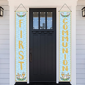 Blue First Communion Decorations Confirmation Porch Banner Baptism Front Porch Sign Christening 1st Communion Decoration and Supplies for Boys-12×71''