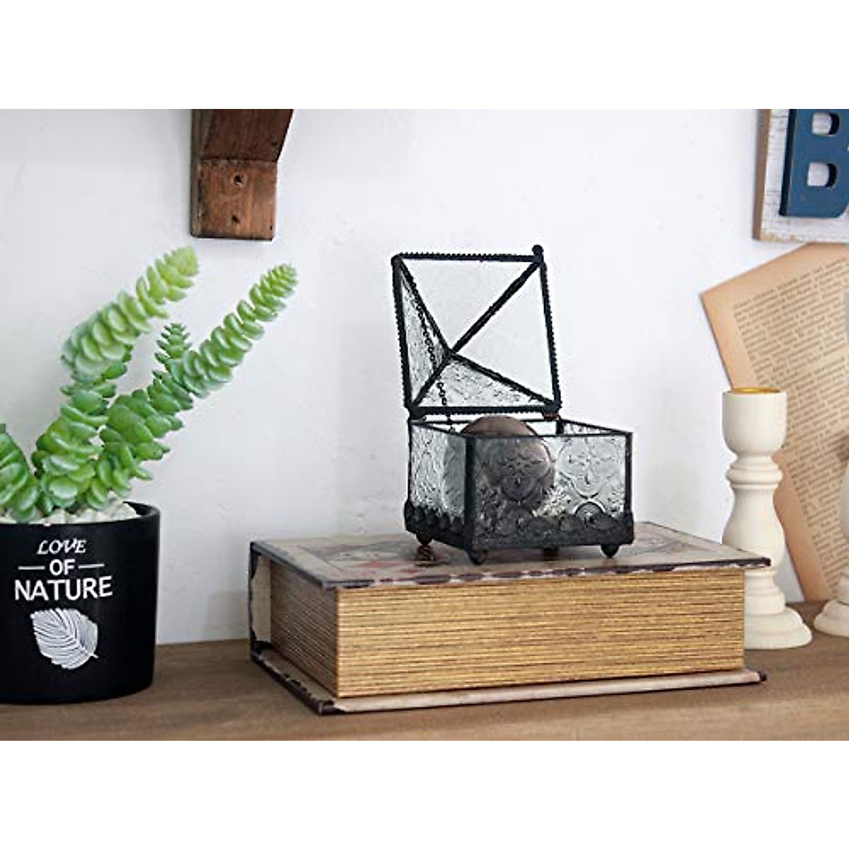 Funerom Vintage Glass Jewelry Box,Wedding Engagement Ring Dish DisplayTrinket Keepsake Box