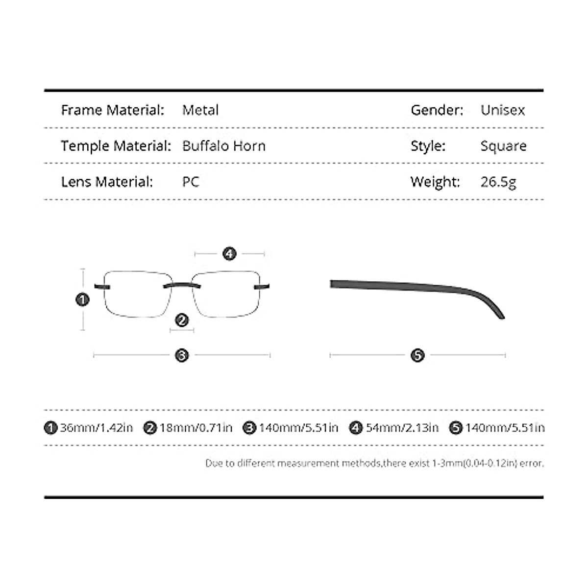 HEPIDEM 100% Really Buffalo Horn Handmade Glasses Square Rimless Spectacles 0816 (white, 61)