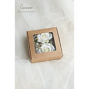 Floroom Ivory Rose Wrist Corsage Bracelet Wristlet Band and Men Boutonniere Set for White Wedding Flower Accessories Prom Suits