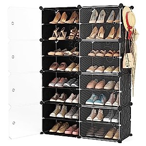 LANTEFUL Shoe Rack Organizer Shoe Storage Cabinet 8 Tiers 32 Pair Portable Shoe Storage Sturdy Plastic Black Shoe Shelf with Hooks Shoe Rack with Door for Entryway, Bedroom and Hallway