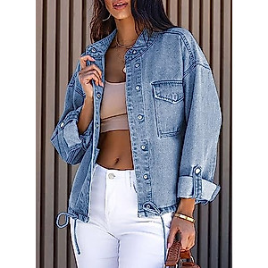 Dokotoo Jean Jackets for Women Cropped Jackets Fashion Spring Fall 2023 Casual Long Sleeve Utility Cargo Denim Jacket Button Down Trucker Shacket Jackets Coat with Pockets Sky Blue Medium