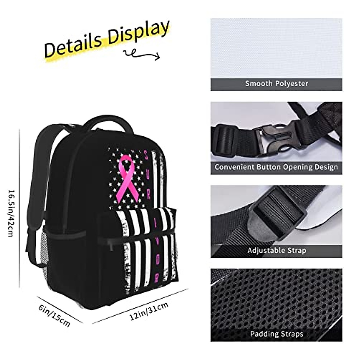 Cool Breast Cancer Survivor Women Pink 3d Printed Fashion Unisex Large Travel Daypack School Bag Laptop Backpack School For Youth Adult