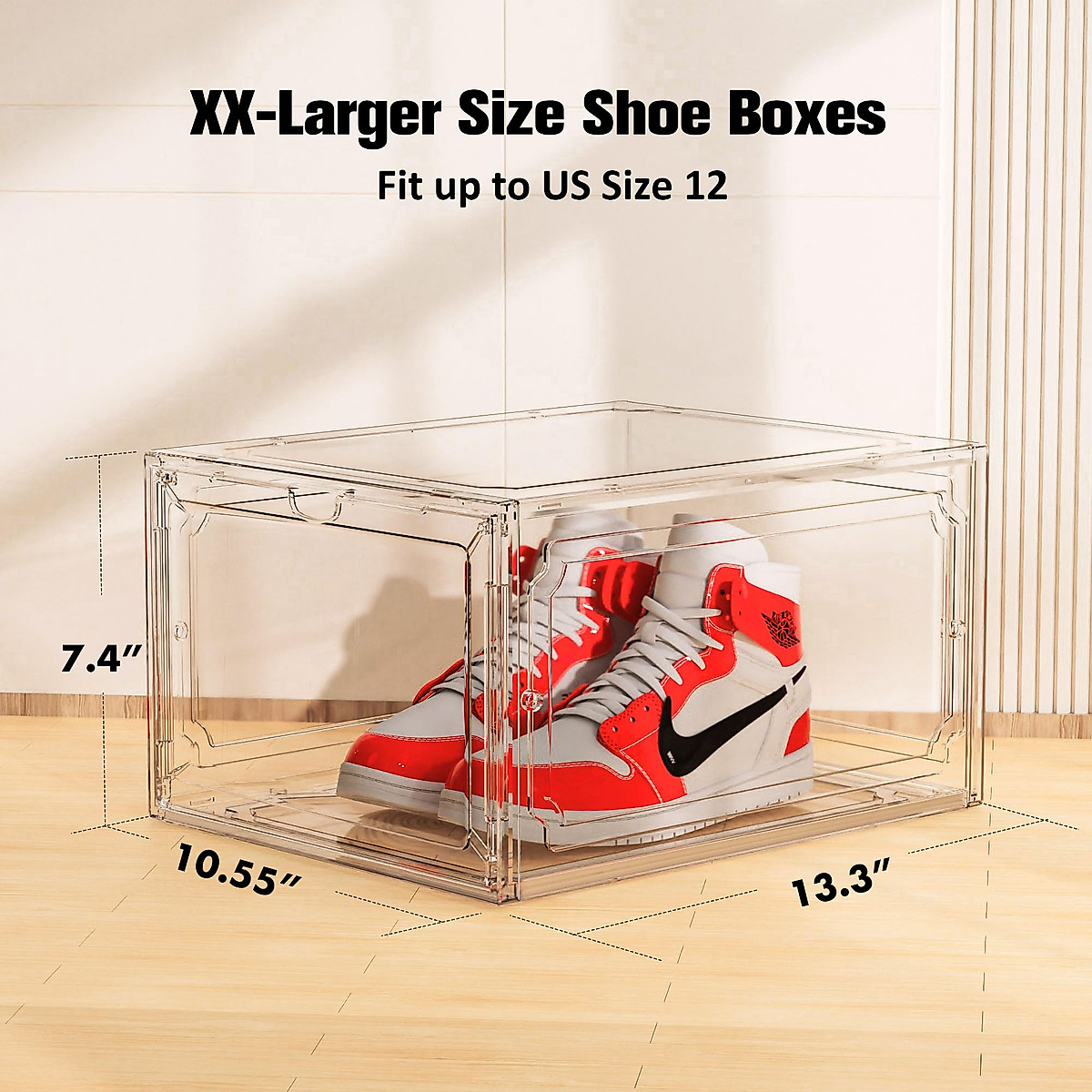 Kuject XX-Large Shoe Storage Boxes Clear Plastic Stackable, Shoe Organizer for Closet, Shoe Display Containers Rack for Sneaker, Drop Front Shoe Case with Magnetic Door 7 Pack Fit up to US Size 12
