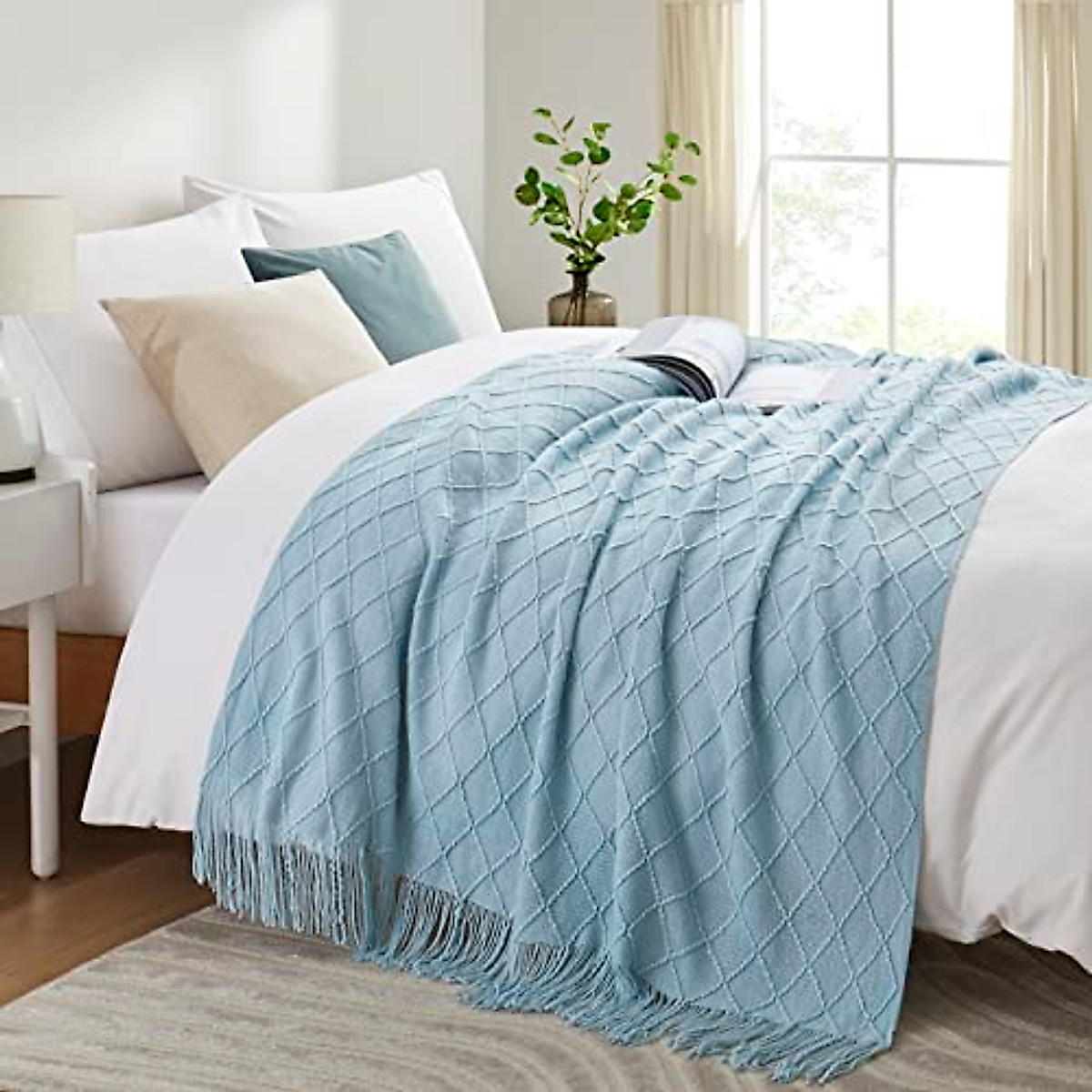 Counfeisly Acrylic Knitted Throw Blanket, Lightweight and Soft Cozy Decorative Woven Blanket with Tassels for Couch, Bed, Sofa, Travel, Suitable for All Seasons, 50 x 60 Inches, Blue