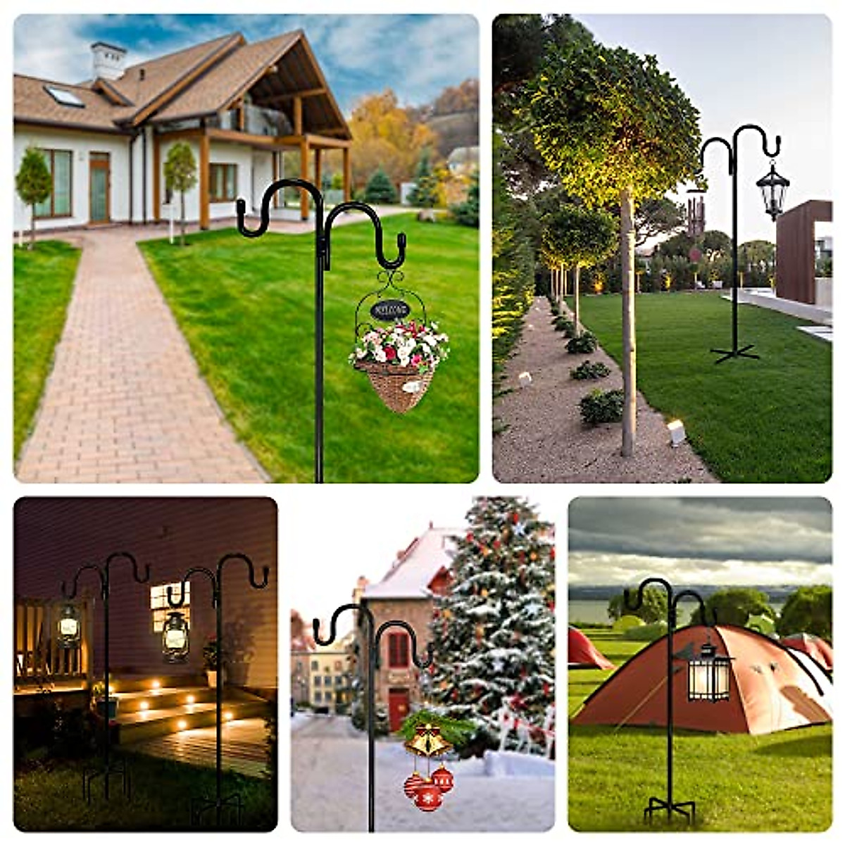 STARFAMI Double Shepherds Hook for Outdoor with 5 Prongs Base, Upgraded Adjustable Garden Hanging Stand Plant Holders for Bird Feeder, Plant Baskets, Solar Light Lanterns, Wedding (60 Inch 2pcs)