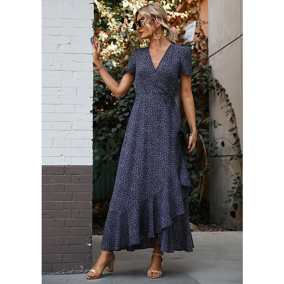 PRETTYGARDEN Women's Summer Wrap Maxi Dress Casual Boho Floral V Neck Short Sleeve Ruffle Hem Split Beach Long Dresses (Blue,Large)