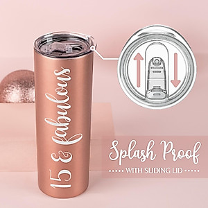 Onebttl Quinceanera Gifts, 15 Year Old Girl Gifts for Birthday, 15th Birthday Gifts for Girls, Female, Her - 20oz/590ml Stainless Steel Insulated Tumbler with Straw, Lid - 15 & Fabulous Rosegold